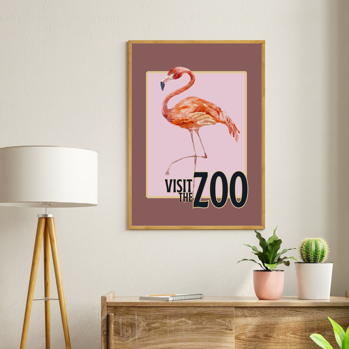 Pink Flamingo Visit the Zoo Digital Earth Toned Art Print - Etsy