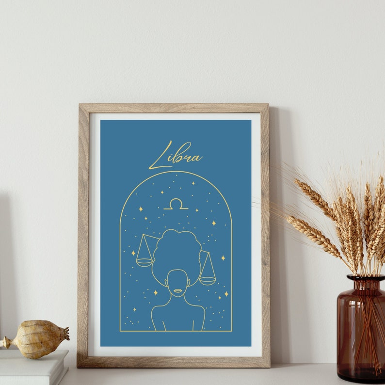 Printable Libra Girl Minimalist Line Art Bohemian Zodiac Horoscope Home ...