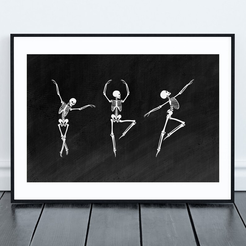 Printable Dancing Skeletons Halloween Illustration Spooky Black and ...