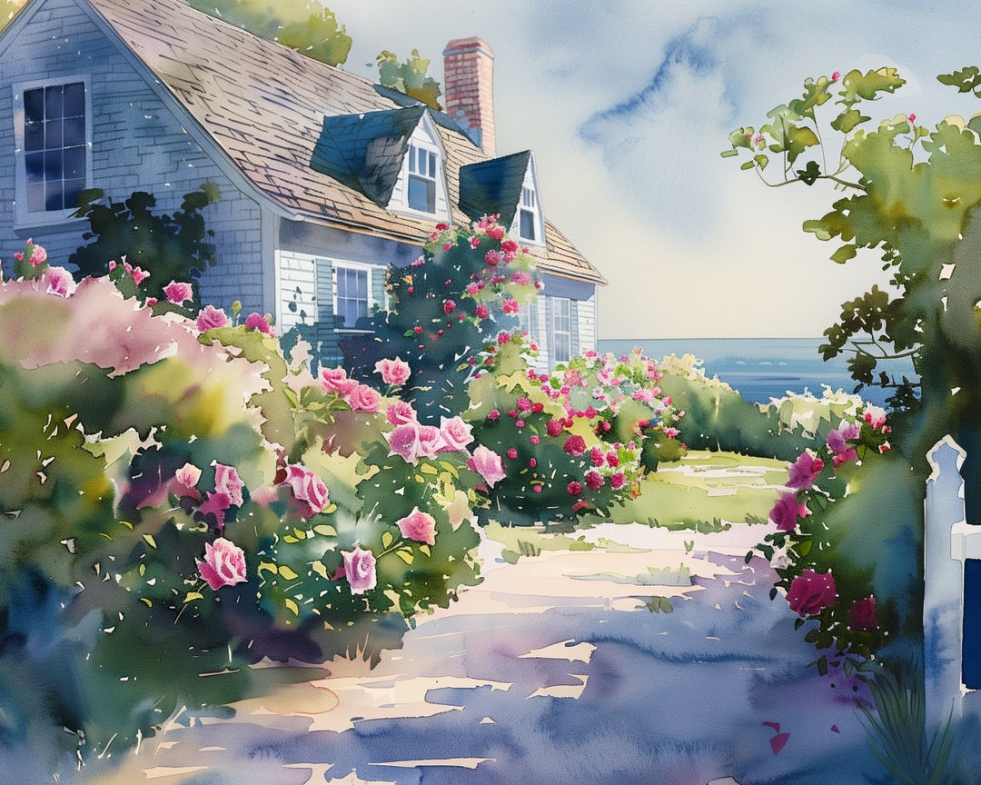 Rose Covered Cottage Art Cape Cod Painting Beach House Painting Print ...