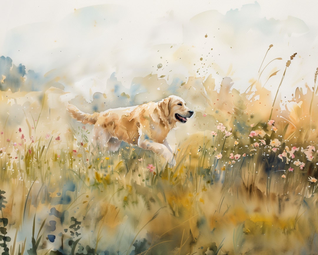Golden Retriever Painting Dog in Field Wall Art Neutral Floral Painting ...