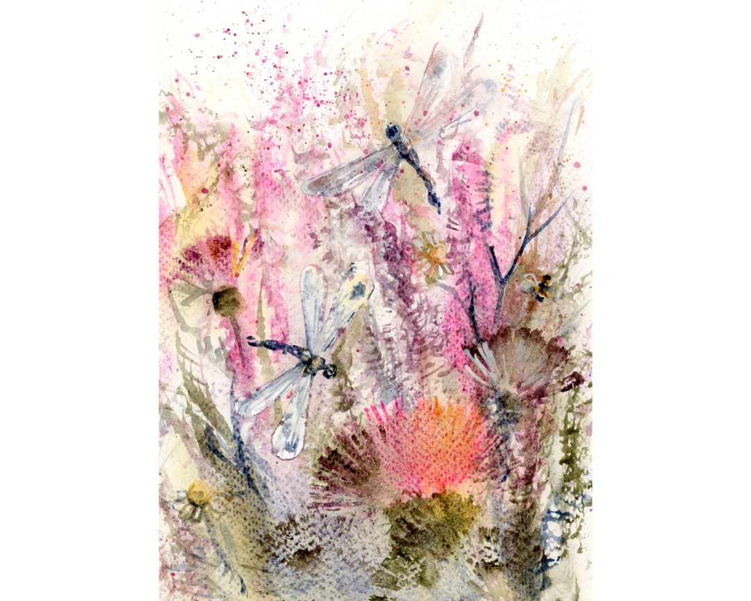 Scottish Thistle Painting Meadow Abstract Art Print Dragonfly Floral Poster Wildflowers Wall Art ...
