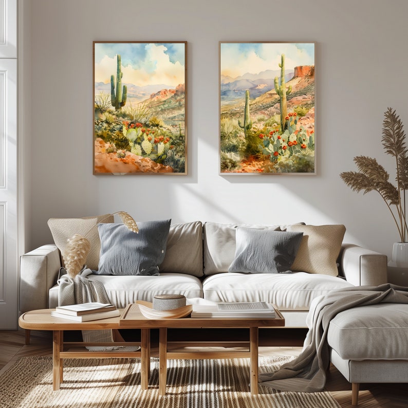 Arizona Desert Art Sonora Cactus Landscape Watercolor Painting Set 2 ...