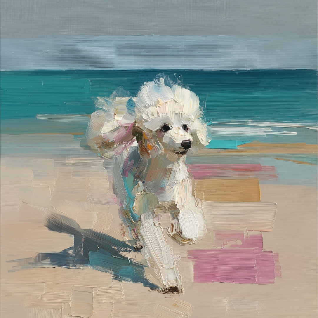 White Poodle Art Poodie Dog on Beach Print From an Original Impasto - Etsy