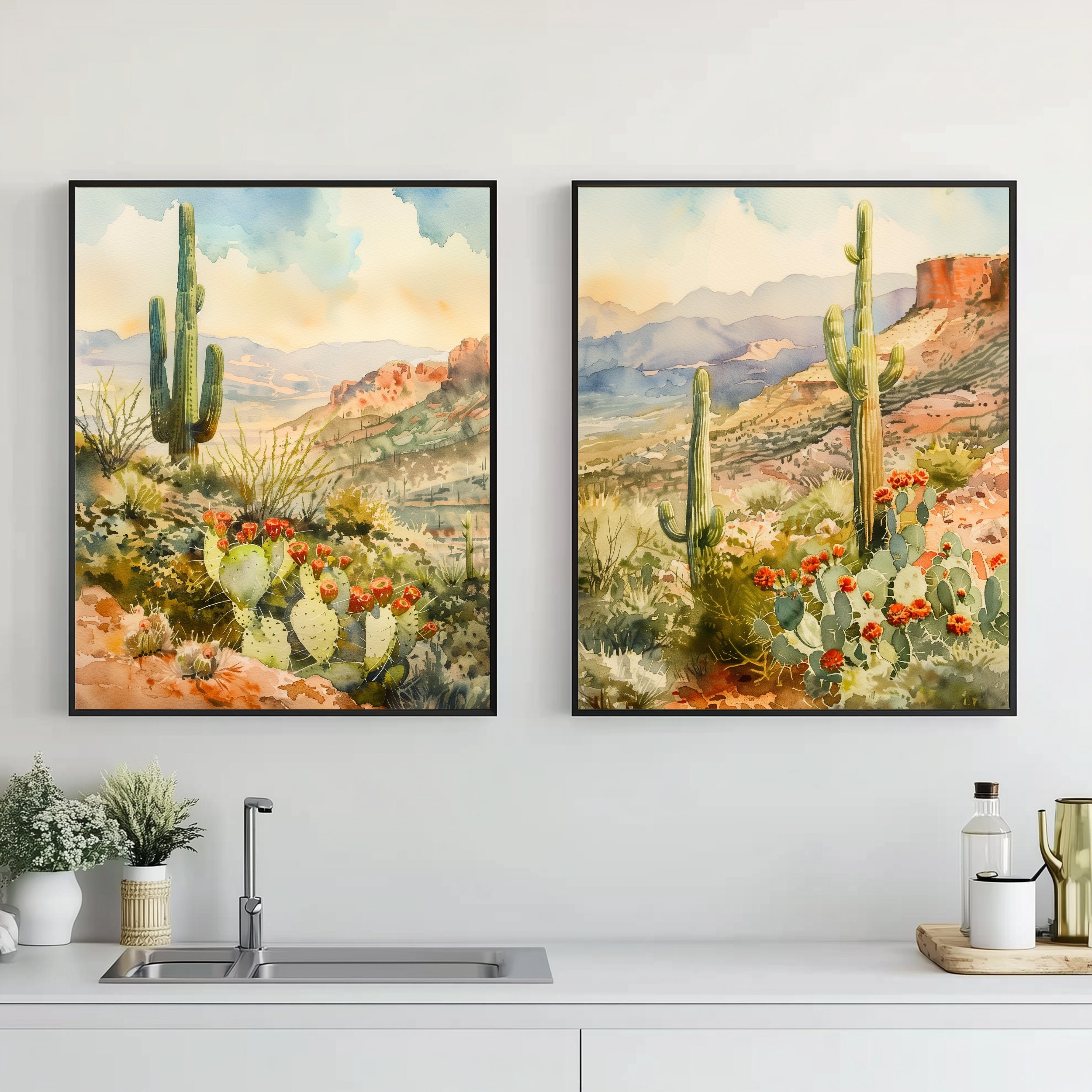 Arizona Desert Art Sonora Cactus Landscape Watercolor Painting Set 2 ...