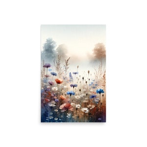 Wildflower Meadow Watercolor Art Print: Summer Foggy Landscape - Etsy