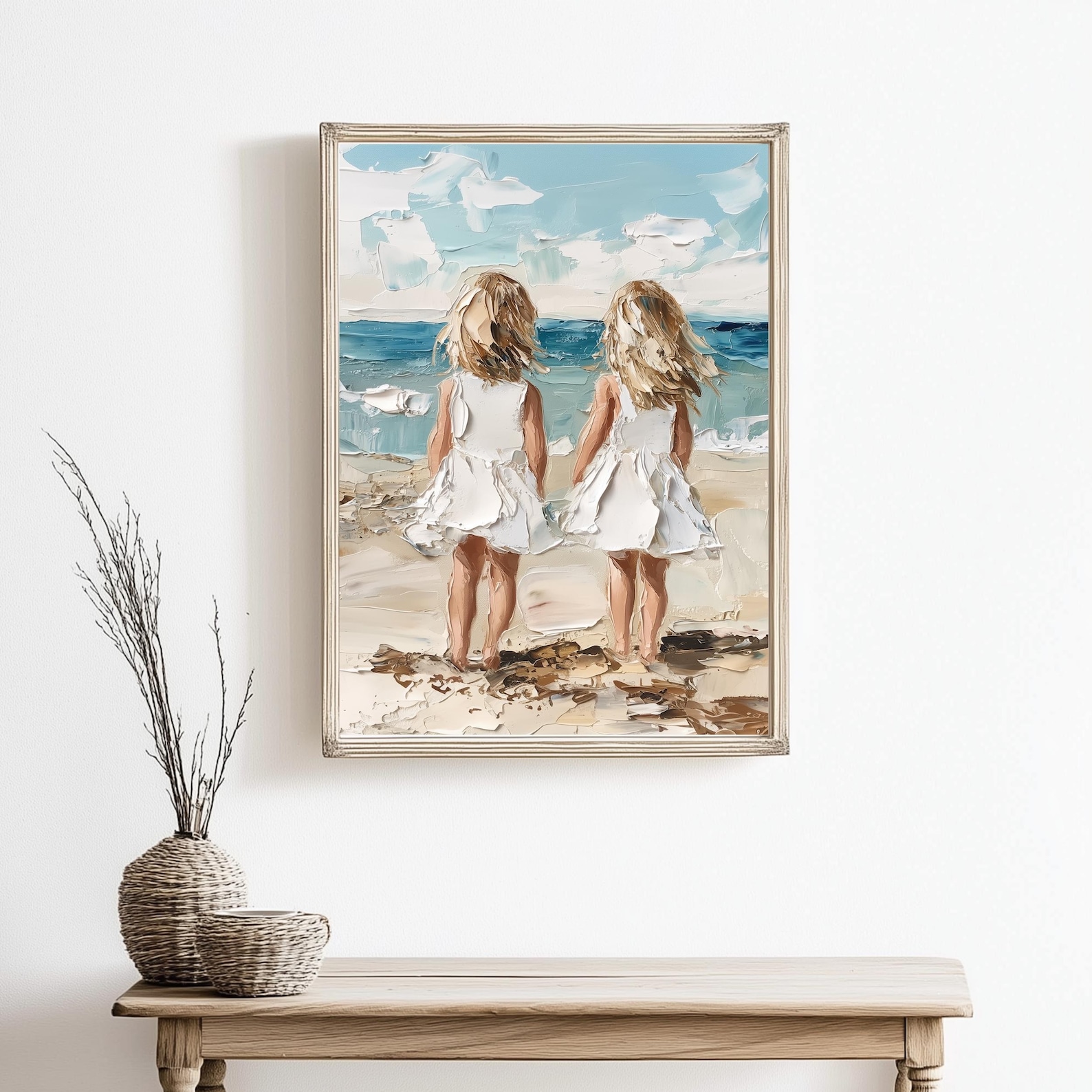 Two Sisters on Beach Art Little Girls Sibling Print From an Original ...
