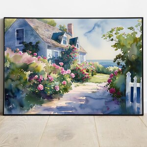 Rose Covered Cottage Art Cape Cod Painting Beach House Painting Print ...