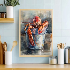 Red Lobster in Bucket Art Seafood Painting Lobster Print Warercolor ...