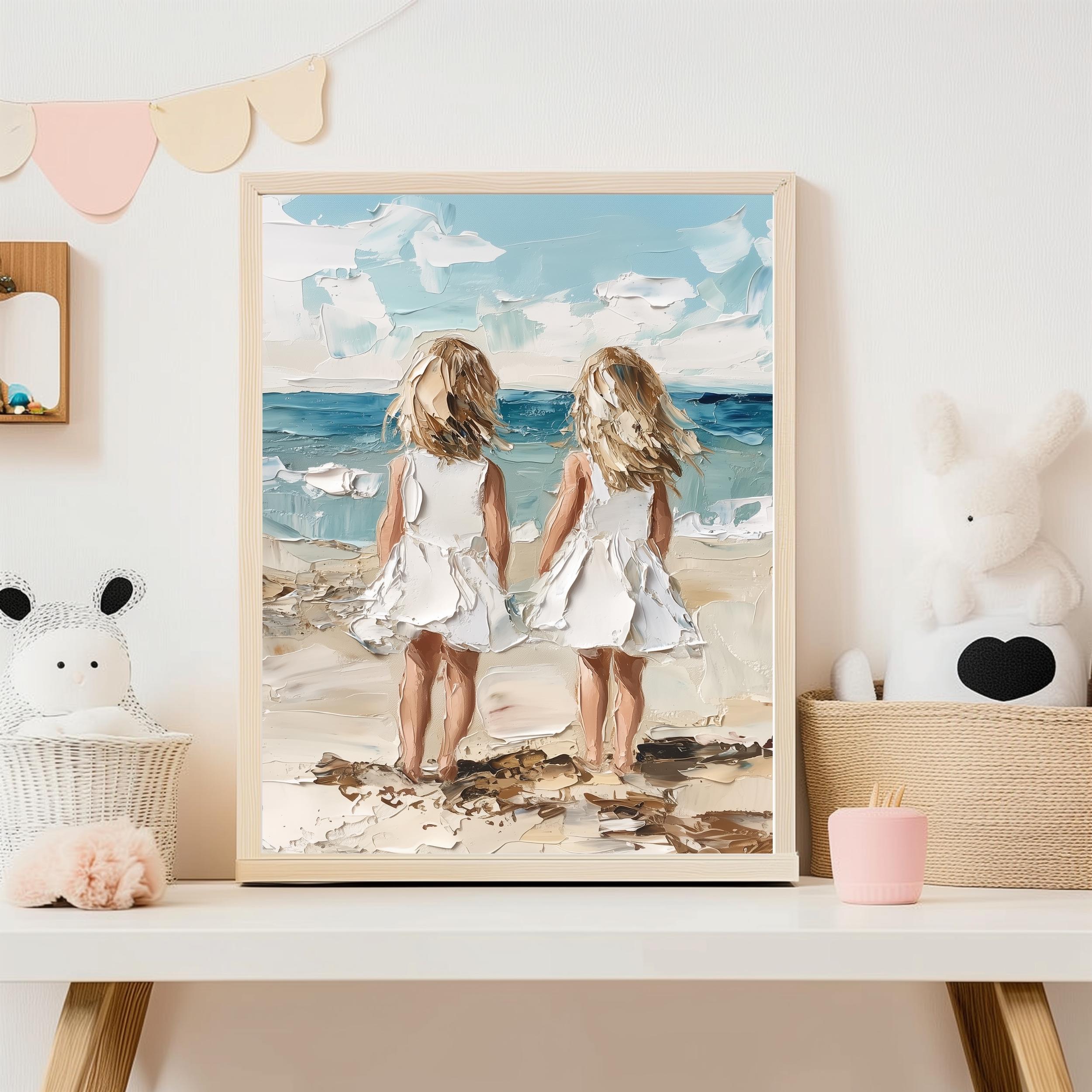 Two Sisters on Beach Art Little Girls Sibling Print From an Original ...