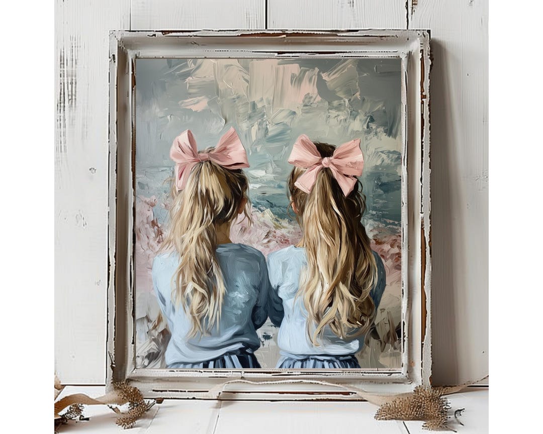 Two Sisters Art Print: Blonde Girls With Pink Bows, Impasto Oil ...