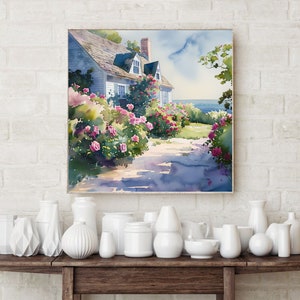 Rose Covered Cottage Art Cape Cod Painting Beach House Painting Print ...