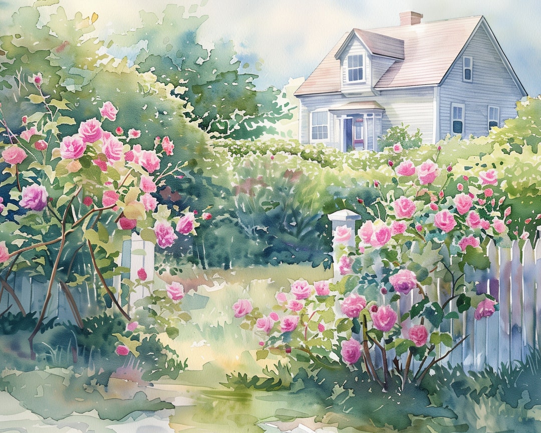 Rose Covered Cottage Art Cape Cod House Beach Painting Print Watercolor ...