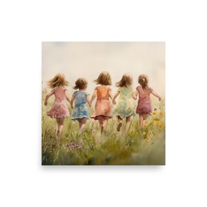 Five Little Girls Painting Sisters in Field Wall Art Girls Wildflower ...