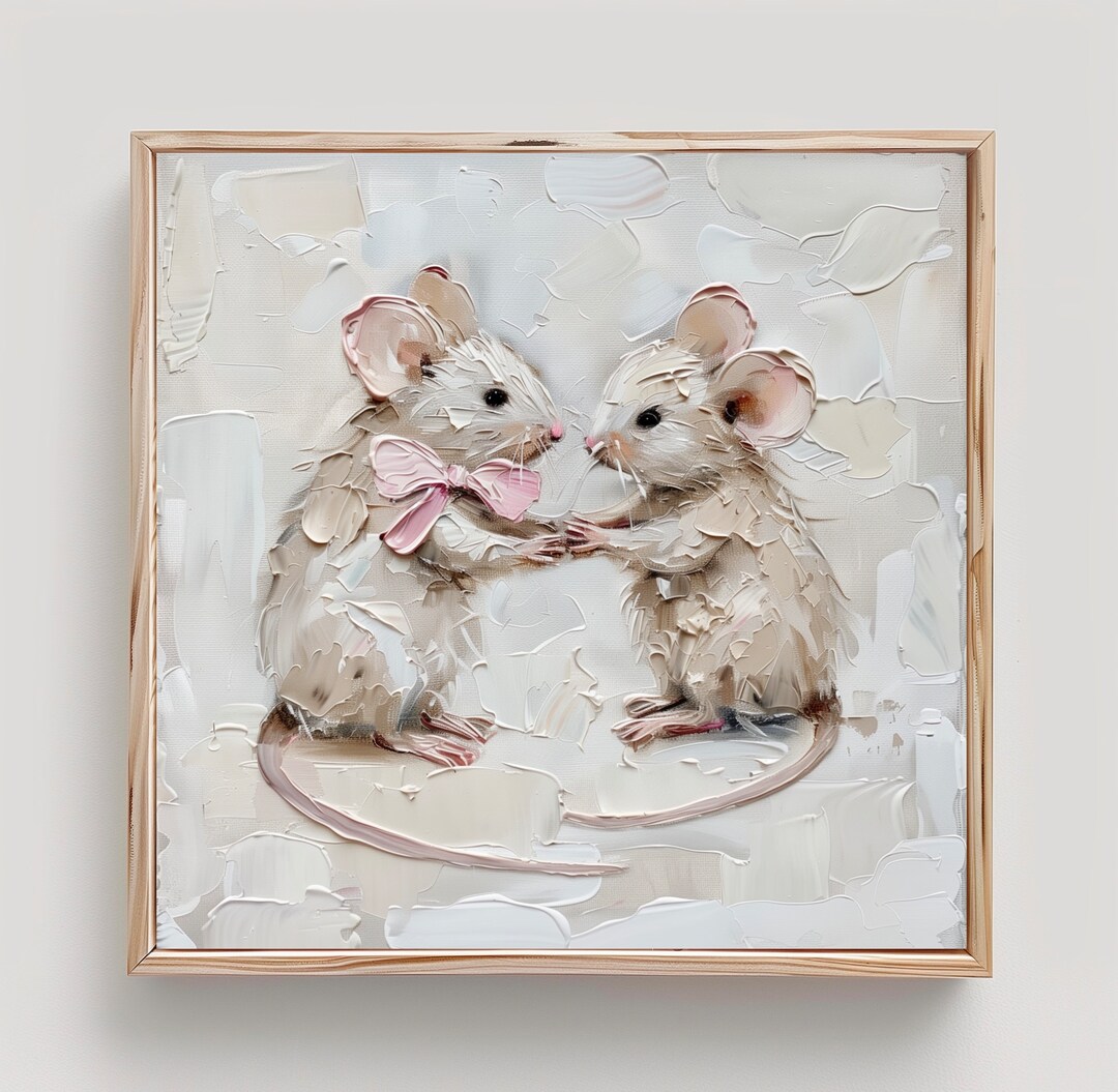Mouse Oil Painting Pink Bow Print White Mouse With Coquette Bow Print ...