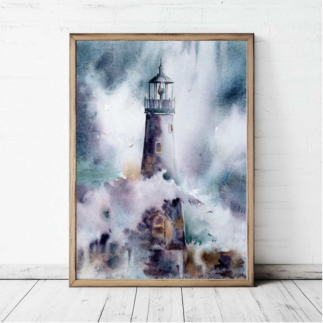Lighthouse Painting Stormy Ocean Art Large Print Moody Lighthouse ...
