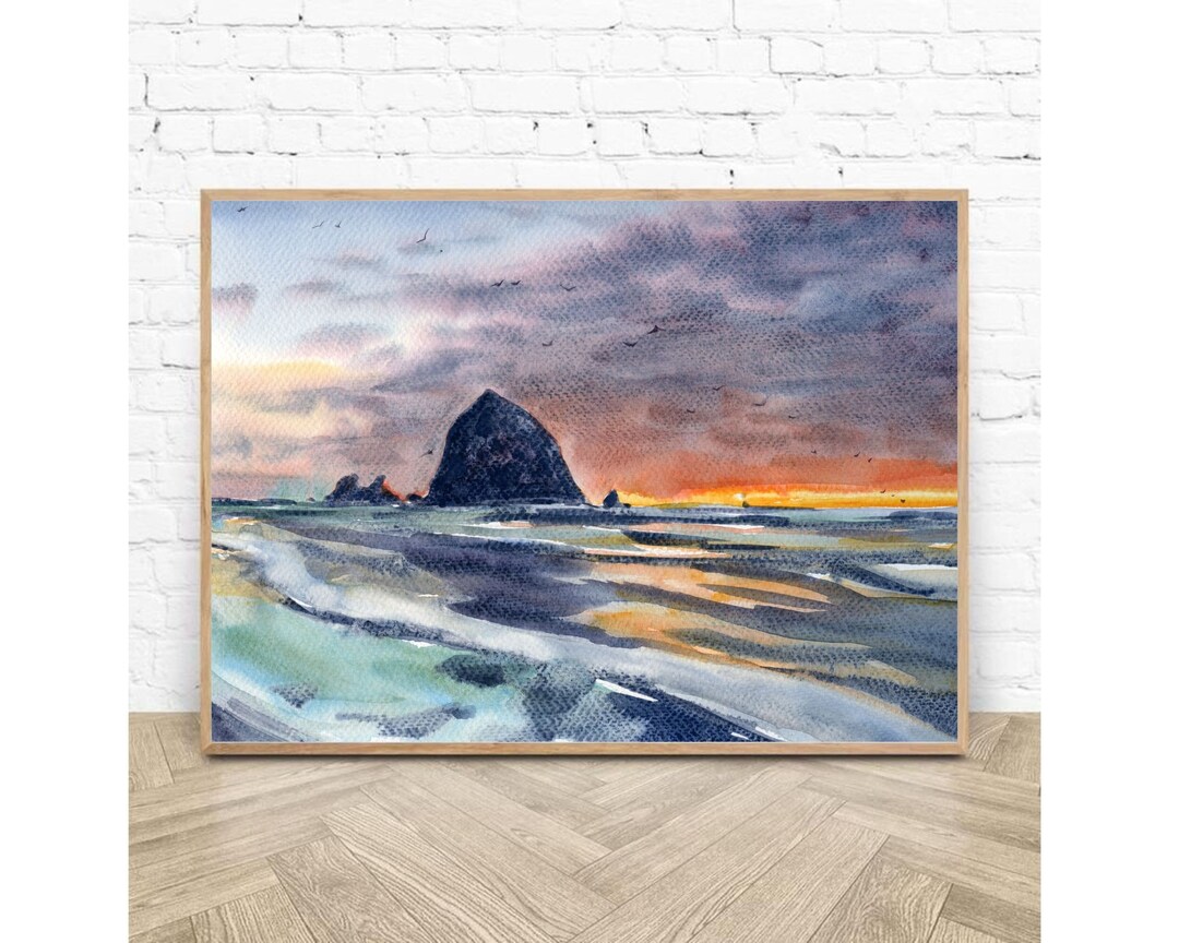 Cannon Beach Painting Large Watercolor Print Oregon Coast Poster ...