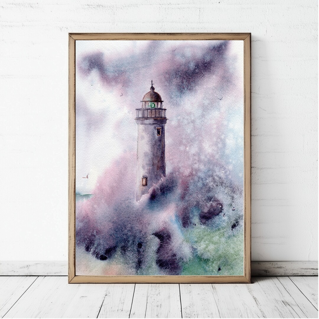 Stormy Lighthouse Painting Teal Ocean Art Large Print Lighthouse Storm ...