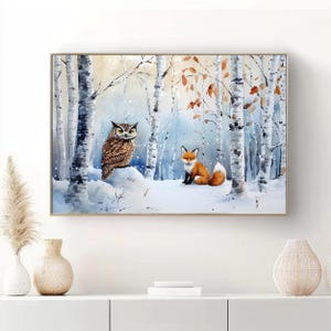 Owl and Fox Art Snow Landscape Owl Night Forest Watercolor Painting ...