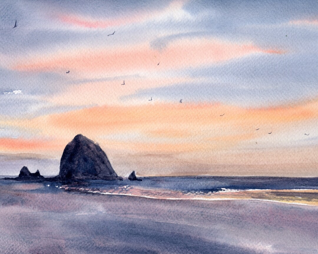 Cannon Beach Painting Oregon Coast Sunset Art Haystack Rockt Watercolor ...