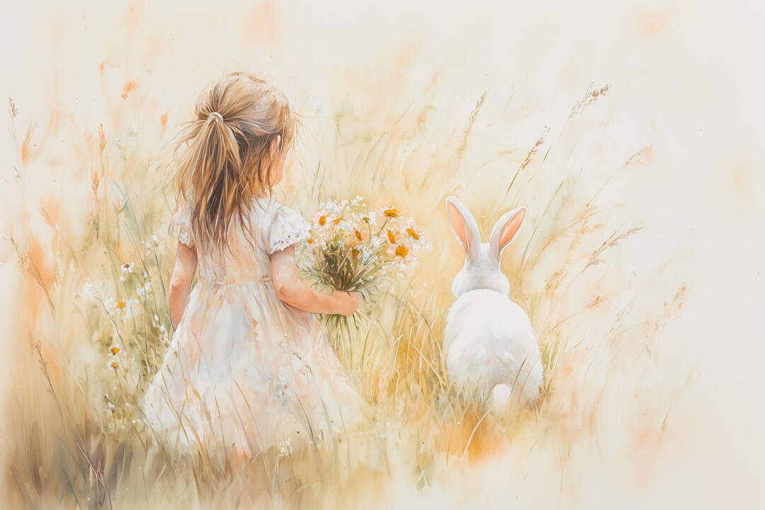Blonde Little Girl and Bunny Painting White Rabbit Watercolor Painting ...