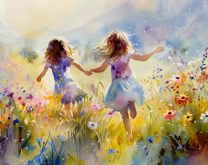 Sisters in Field Painting Girls Wildflower Art Meadow Watercolor ...
