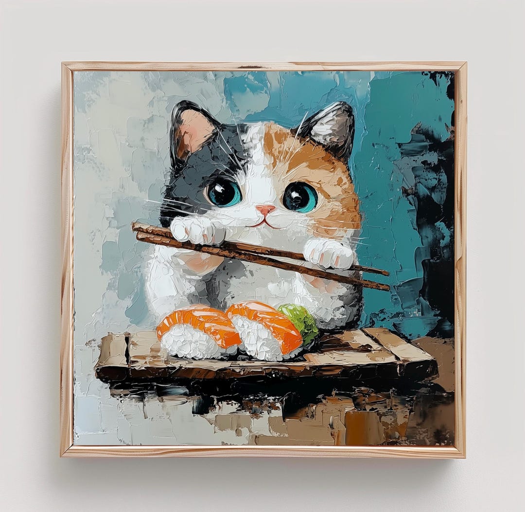 Maneki Neko Painting Japanese Nigiri Wall Decor Lucky Cat Print From an ...