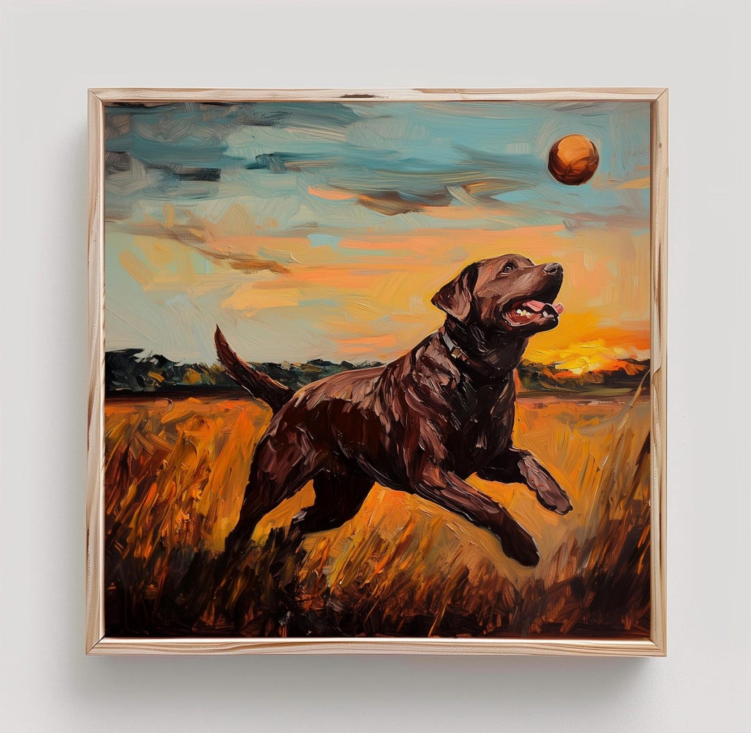 Chocolate Labrador Painting Dog Playing With Ball Print From an ...