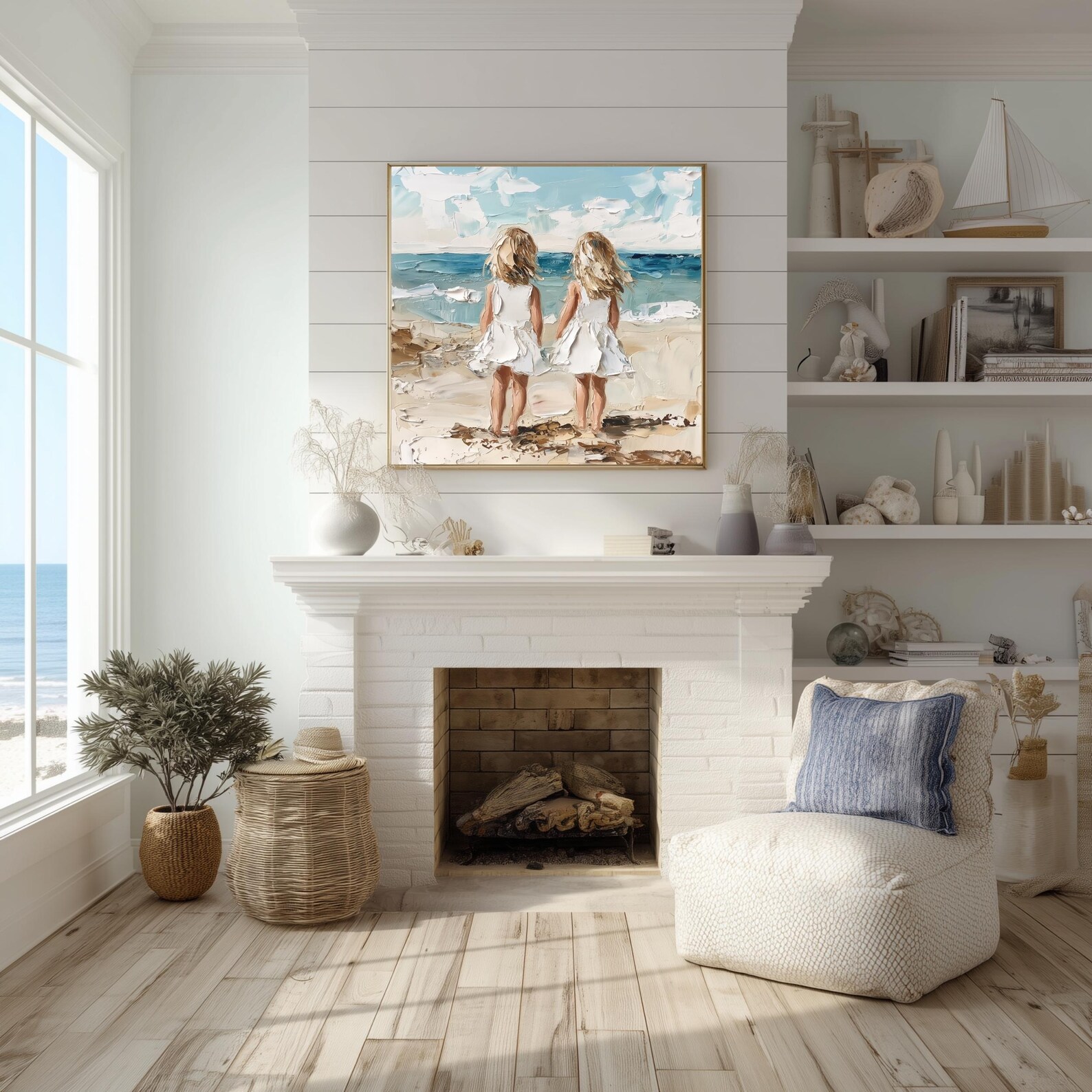 Two Sisters on Beach Art Little Girls Sibling Print From an Original ...