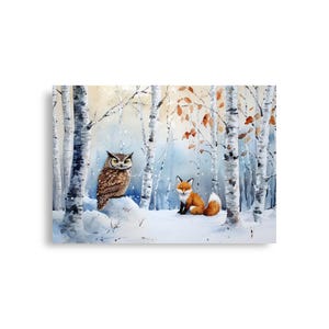 Owl and Fox Art Snow Landscape Owl Night Forest Watercolor Painting ...
