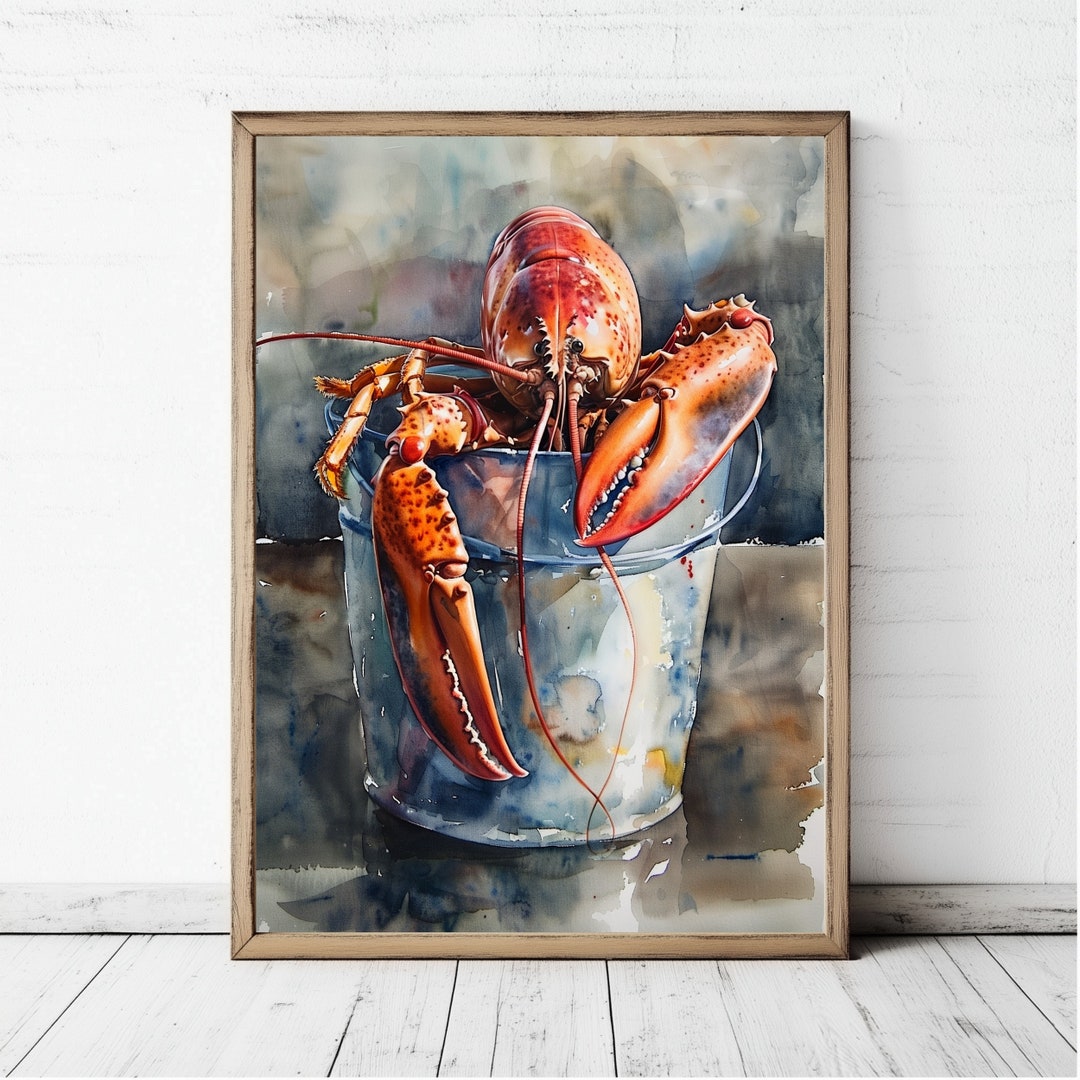 Red Lobster in Bucket Art Seafood Painting Lobster Print Warercolor ...