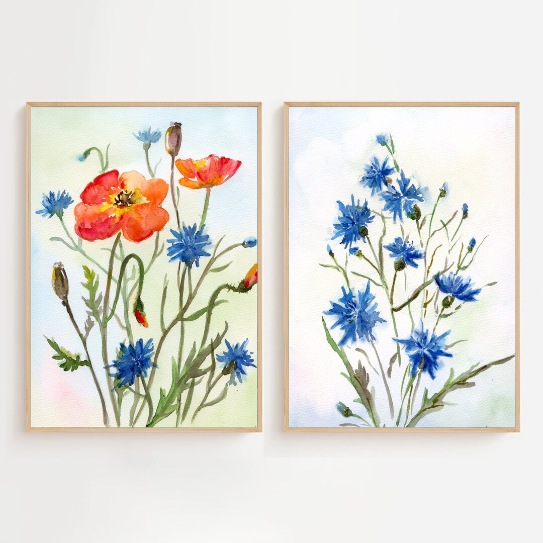 Cornflowers Fine Art Large Print Poppy Painting Watercolor Set 2 Prints ...