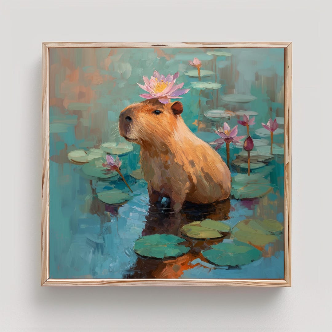 Capybara Art Pink Lotus Print From an Original Impasto Painting - Etsy