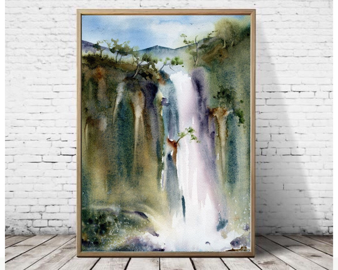 Oregon Painting Waterfall Art PRINT Falls Fine Art Print Neutral Green ...