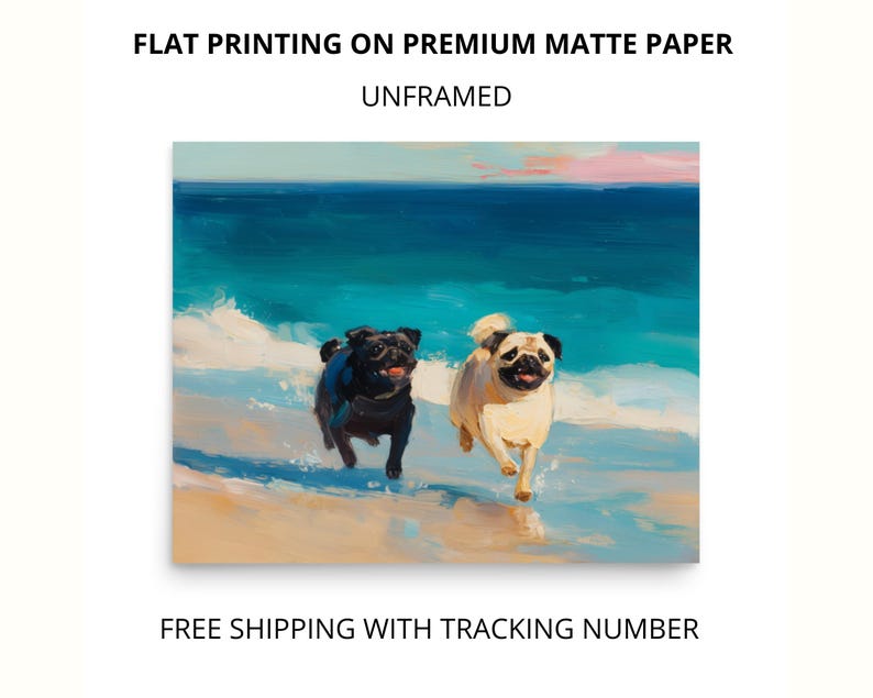 Couple Pugs Art Pug on Beach Print From an Original Impasto Oil ...