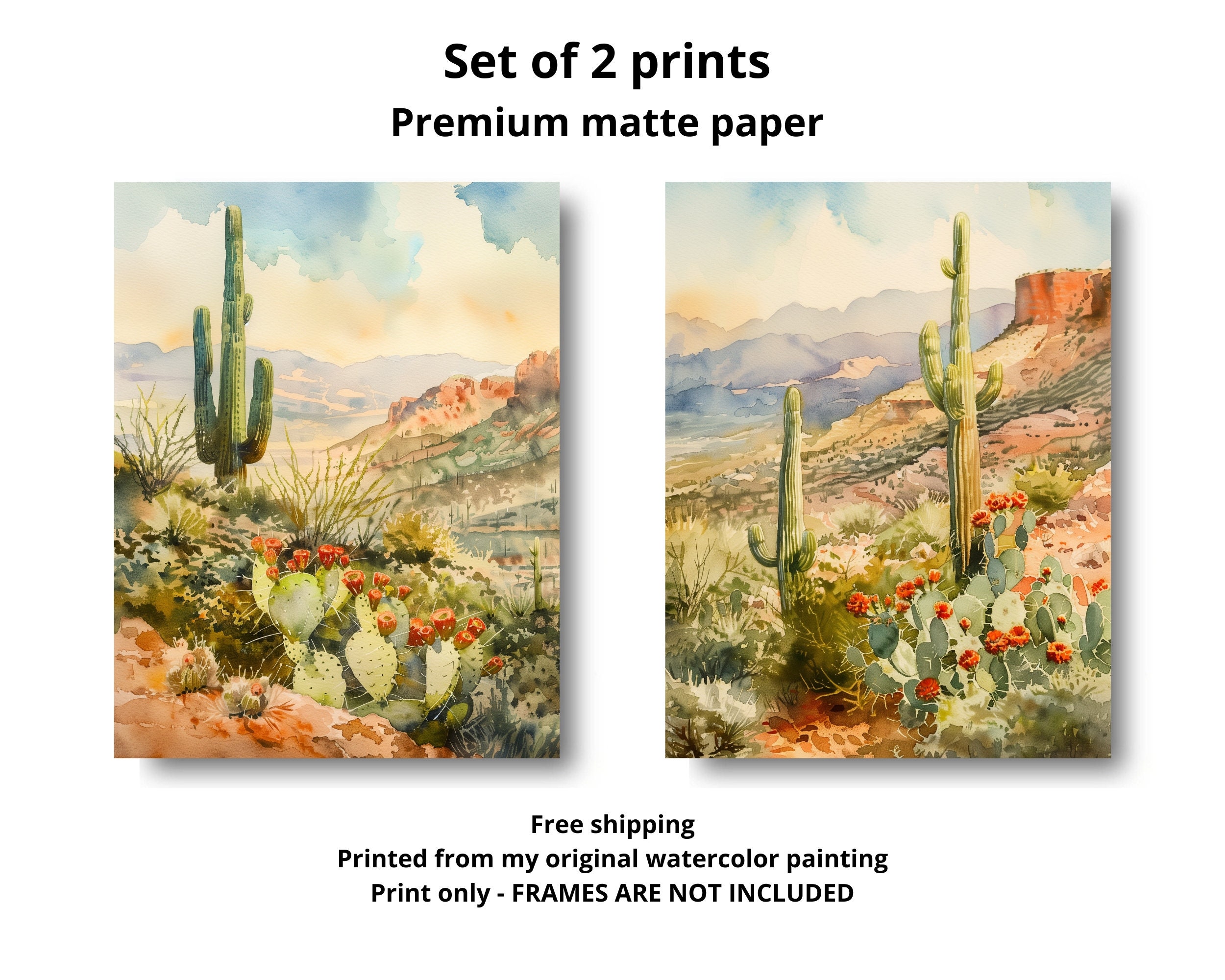 Arizona Desert Art Sonora Cactus Landscape Watercolor Painting Set 2 ...