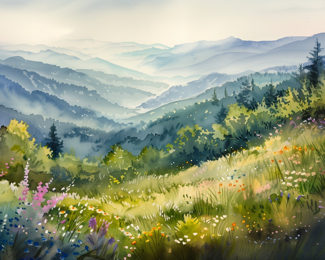 Smoky Mountains Painting Flowers Meadow Art Print Appalachian Mountains ...