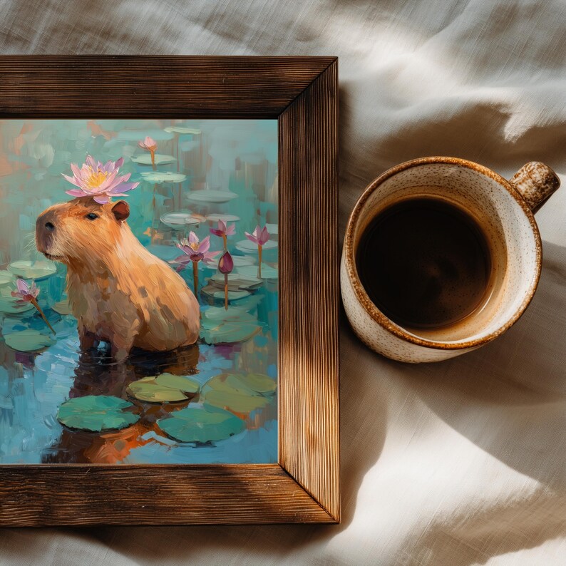 Capybara Art Pink Lotus Print From an Original Impasto Painting - Etsy