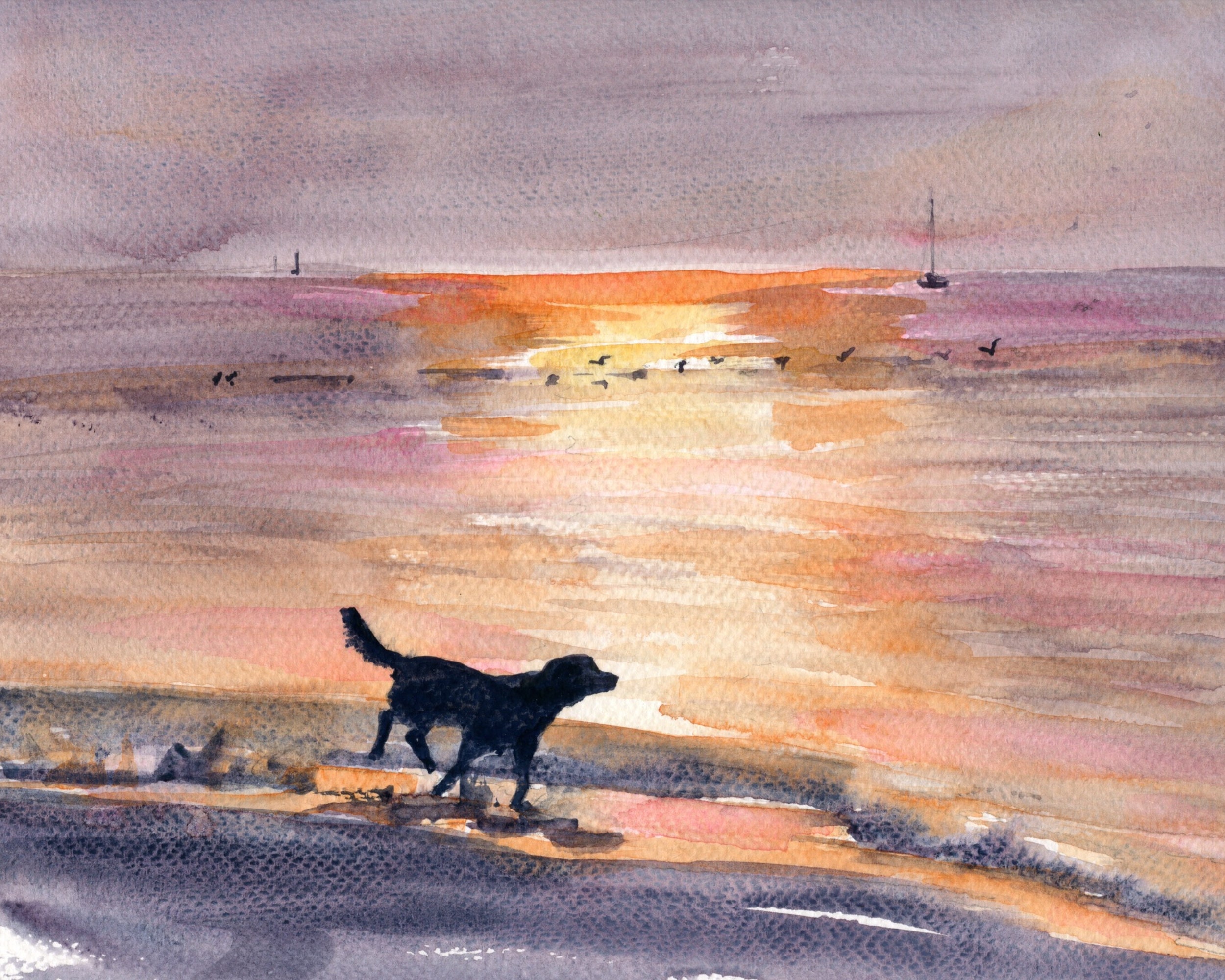 Labrador Dog Art Print: Beach Sunset Watercolor Painting - Etsy