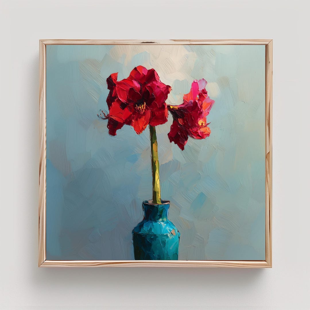 Red Amaryllis Art Christmas Floral Print From an Original Impasto Oil ...