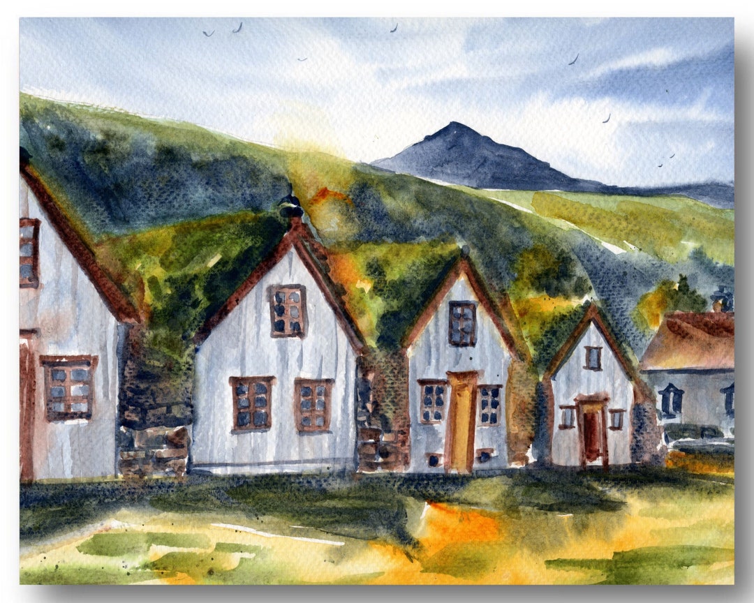 Icelandic Landscape Painting Iceland Village Wall Art Nordic Cottage ...