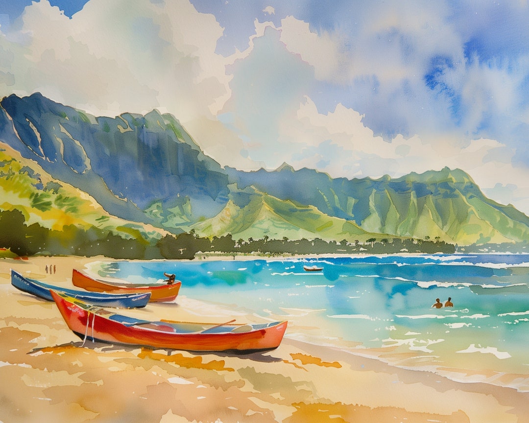 Hawaii Beach Art Print: Kailua Boats Watercolor Painting - Etsy