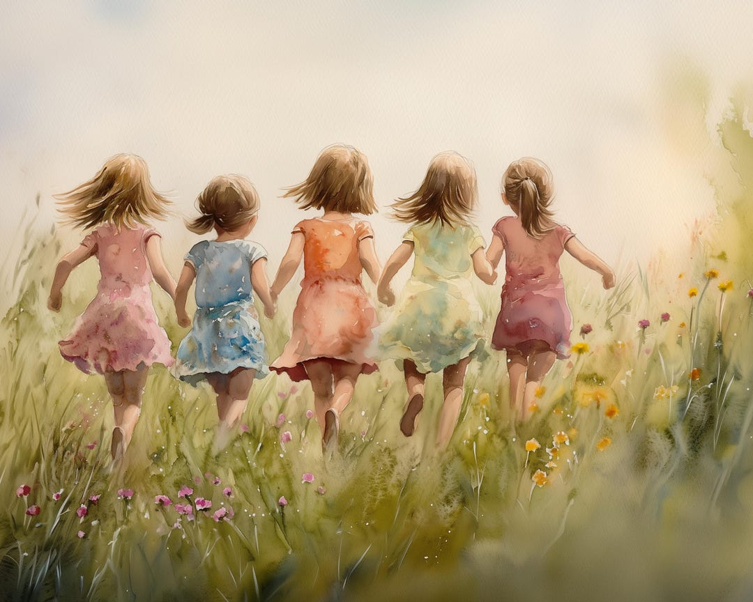 Five Little Girls Painting Sisters in Field Wall Art Girls Wildflower ...