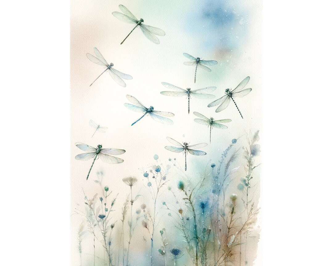 Dragonfly Meadow Art Dragonfly Print Neutral Wildflowers Watercolor ...