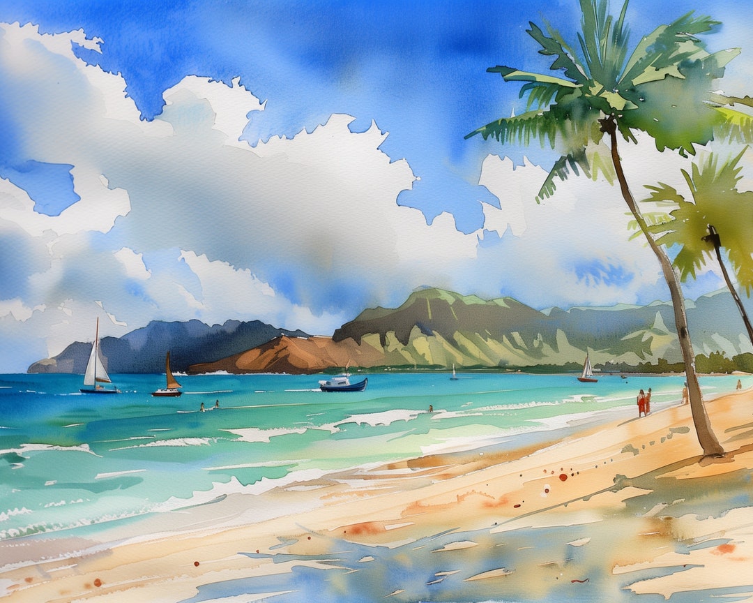 Hawaii Art Kailua Beach Painting Hawaiian Beach Boat Art Print Palm ...