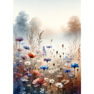 Wildflower Meadow Watercolor Art Print: Summer Foggy Landscape - Etsy