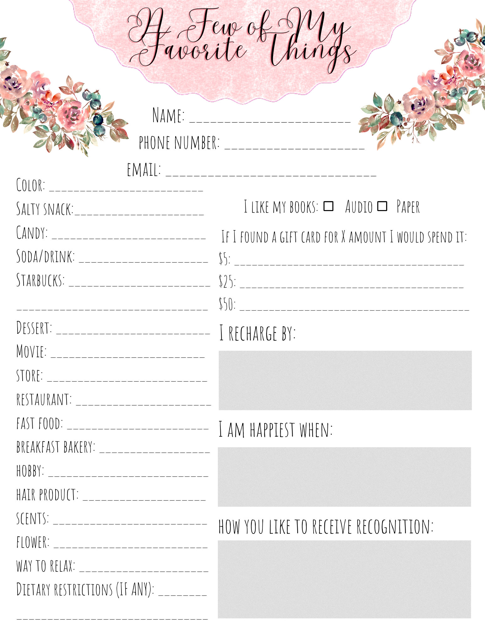 Employee Fillable Few Favorite Things List - Etsy