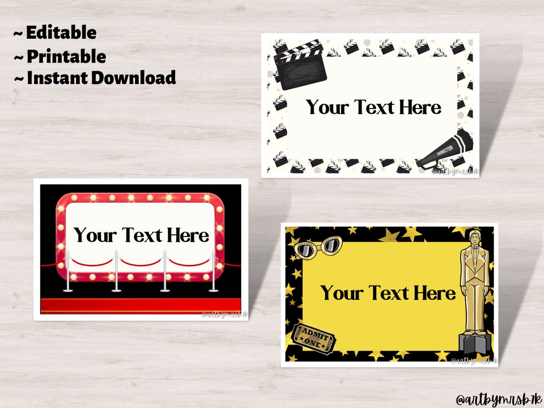Printable Party Place Cards, Hollywood Star Movie Night Red Carpet ...