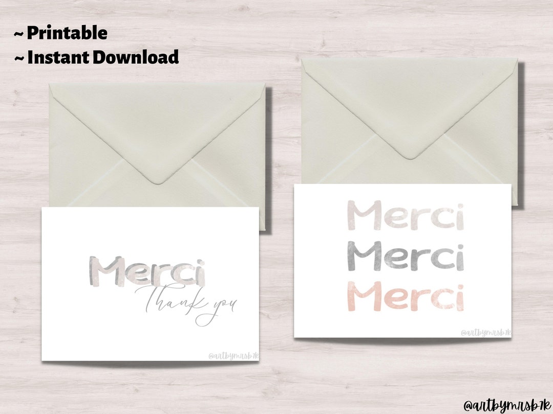 Thank You Card, Printable French Language Card, "merci", Set of 2 ...