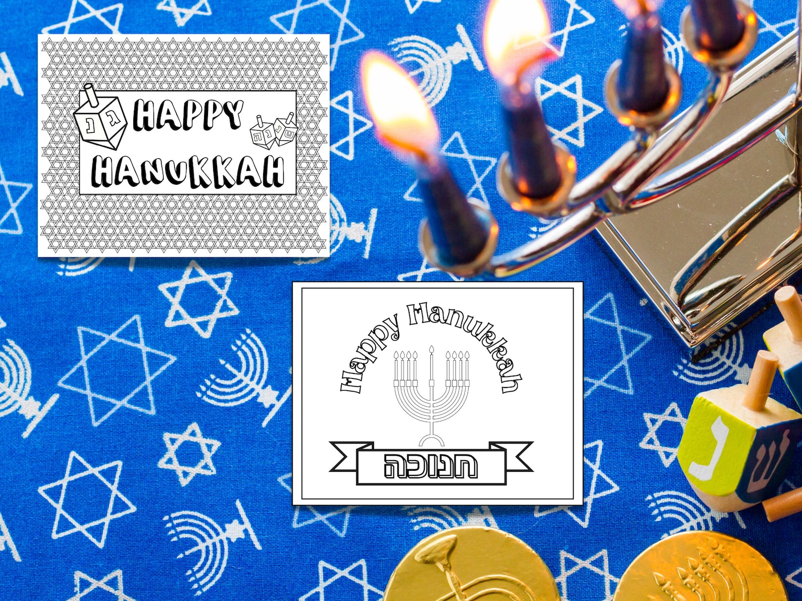 Hanukkah Coloring Holiday Cards, Printable Chanukah Greeting Cards ...